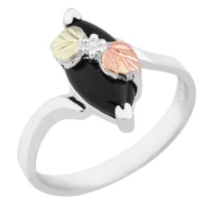 Slim-Profile Marquise Onyx Bypass Ring, Sterling Silver, 12k Green and Rose Gold Black Hills Gold Motif, Size 9.5