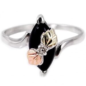 Slim-Profile Marquise Onyx Bypass Ring, Sterling Silver, 12k Green and Rose Gold Black Hills Gold Motif, Size 9.5