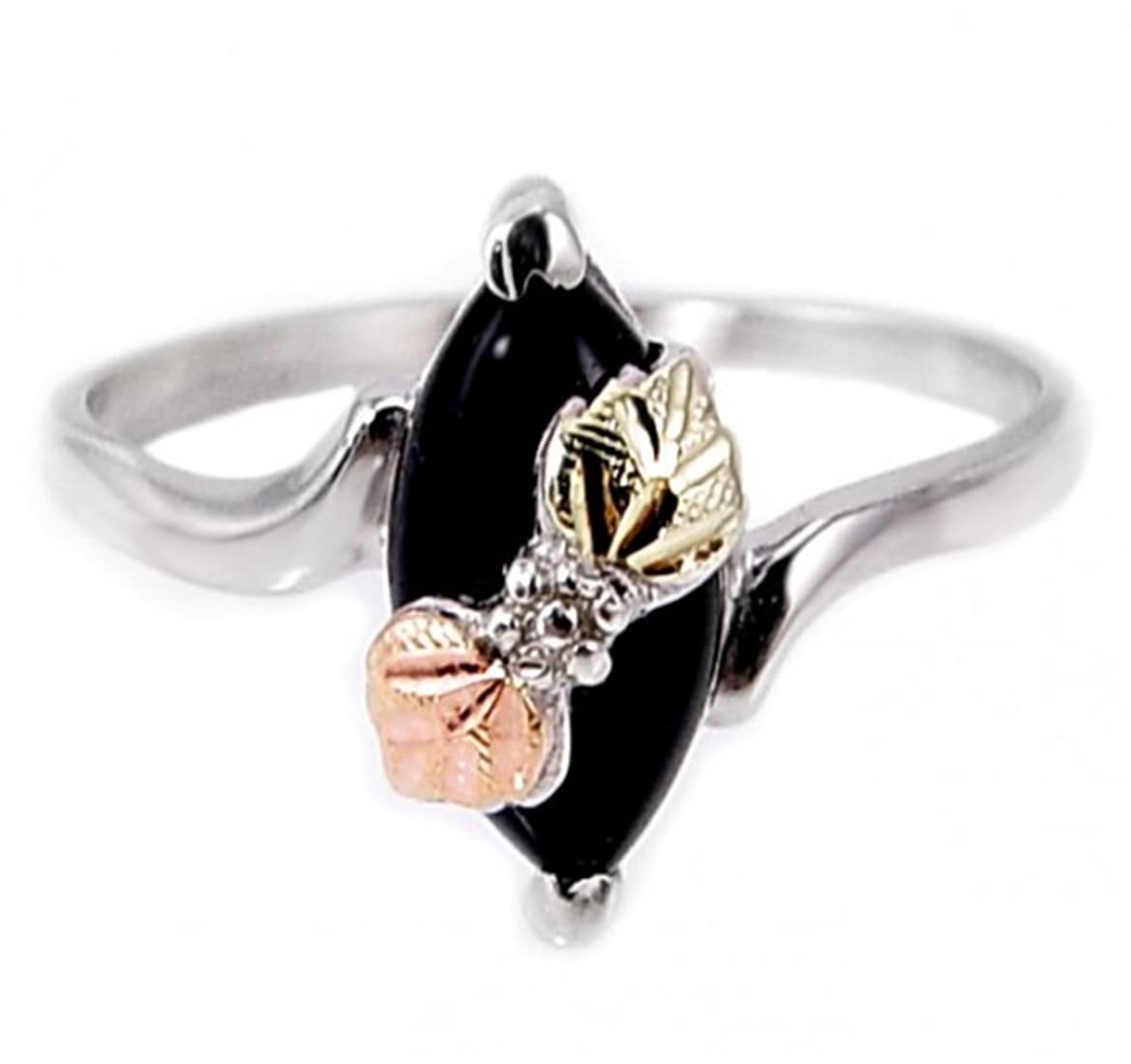 Slim-Profile Marquise Onyx Bypass Ring, Sterling Silver, 12k Green and Rose Gold Black Hills Gold Motif, Size 9.5