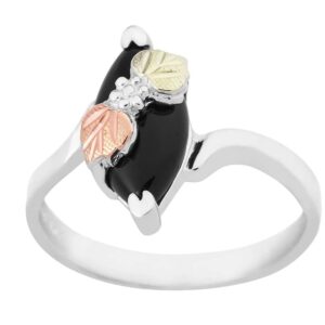 Slim-Profile Marquise Onyx Bypass Ring, Sterling Silver, 12k Green and Rose Gold Black Hills Gold Motif, Size 9.5