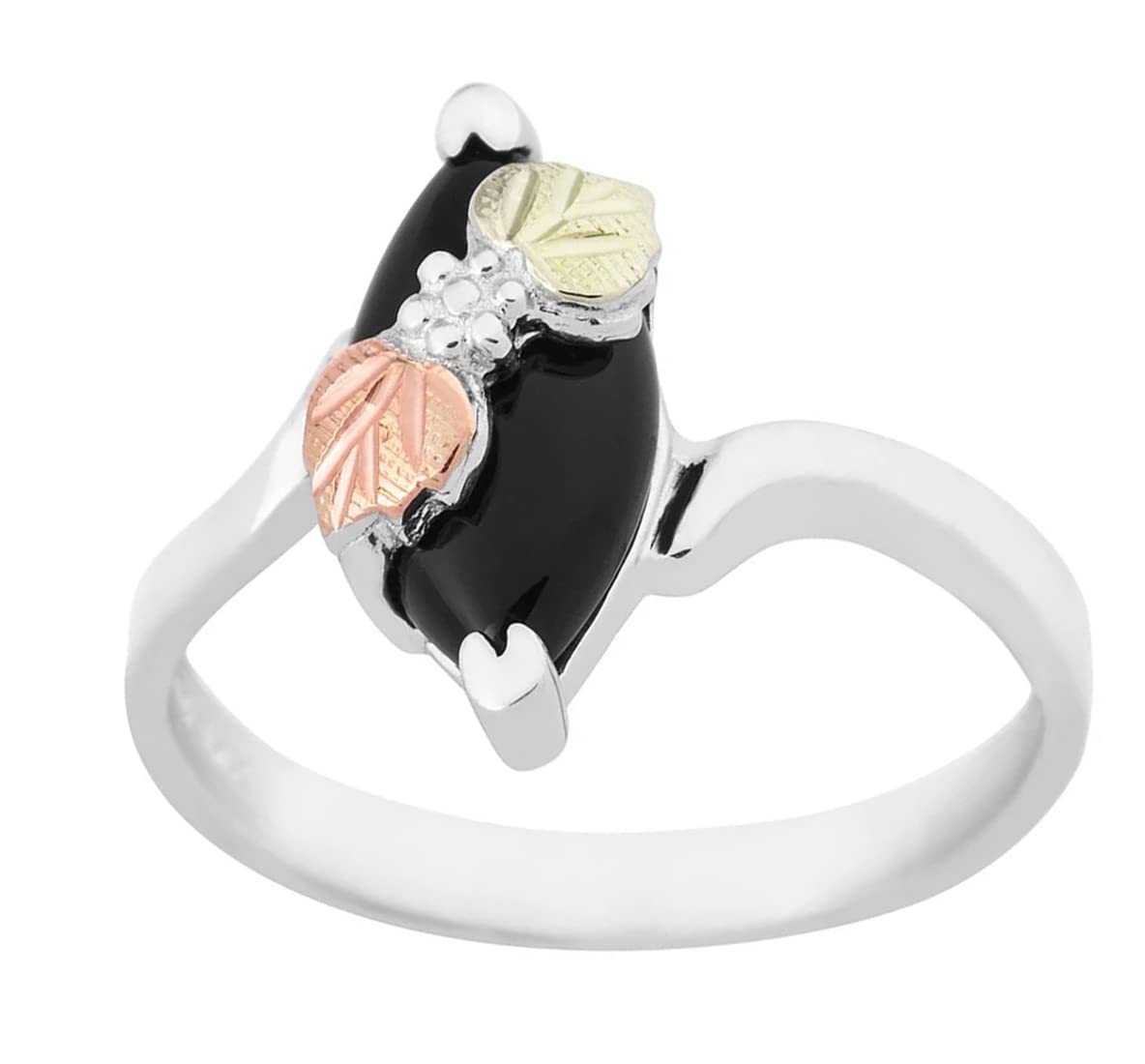 Slim-Profile Marquise Onyx Bypass Ring, Sterling Silver, 12k Green and Rose Gold Black Hills Gold Motif, Size 9.5