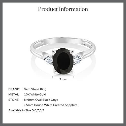 Gem Stone King 10K White Gold Black Onyx and White Created Sapphire 3 Stone Engagement Ring For Women (1.35 Cttw, Gemstone Birthstone, Available In Size 5, 6, 7, 8, 9)