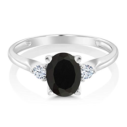 Gem Stone King 10K White Gold Black Onyx and White Created Sapphire 3 Stone Engagement Ring For Women (1.35 Cttw, Gemstone Birthstone, Available In Size 5, 6, 7, 8, 9)