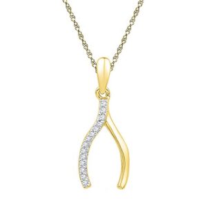 solid 10k yellow gold round white diamond channel set wishbone pendant (.05 cttw)