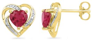 solid 10k yellow gold heart round red simulated ruby and white diamond classic solitaire one stone halo prong set stud earrings (.01 cttw)