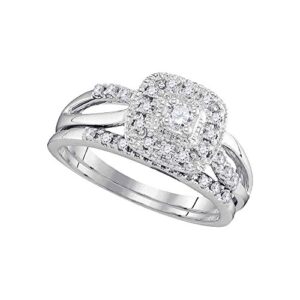 size - 4.5 - solid 10k white gold round white diamond bridal solitaire halo engagement ring with matching wedding band (1/3 cttw)