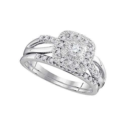 Size - 4.5 - Solid 10k White Gold Round White Diamond Bridal Solitaire Halo Engagement Ring with Matching Wedding Band (1/3 cttw)