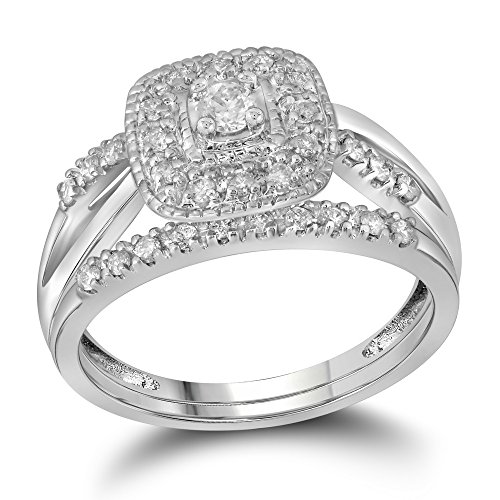 Size - 4.5 - Solid 10k White Gold Round White Diamond Bridal Solitaire Halo Engagement Ring with Matching Wedding Band (1/3 cttw)