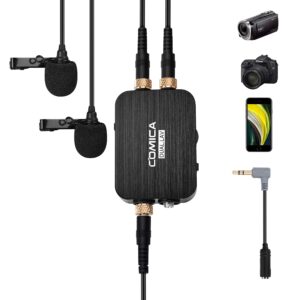 comica cvm-d03 dual lavalier microphone, professional omnidirectional clip-on lapel microphone for canon sony panasonic cameras, smartphone, pc, lav mic for video recording interview