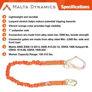 Malta Dynamics 6' Single Leg Stretch Internal Shock Absorbing Lanyard with 1 Rebar Hook and 1 Steel Snap Hook, OSHA/ANSI Compliant