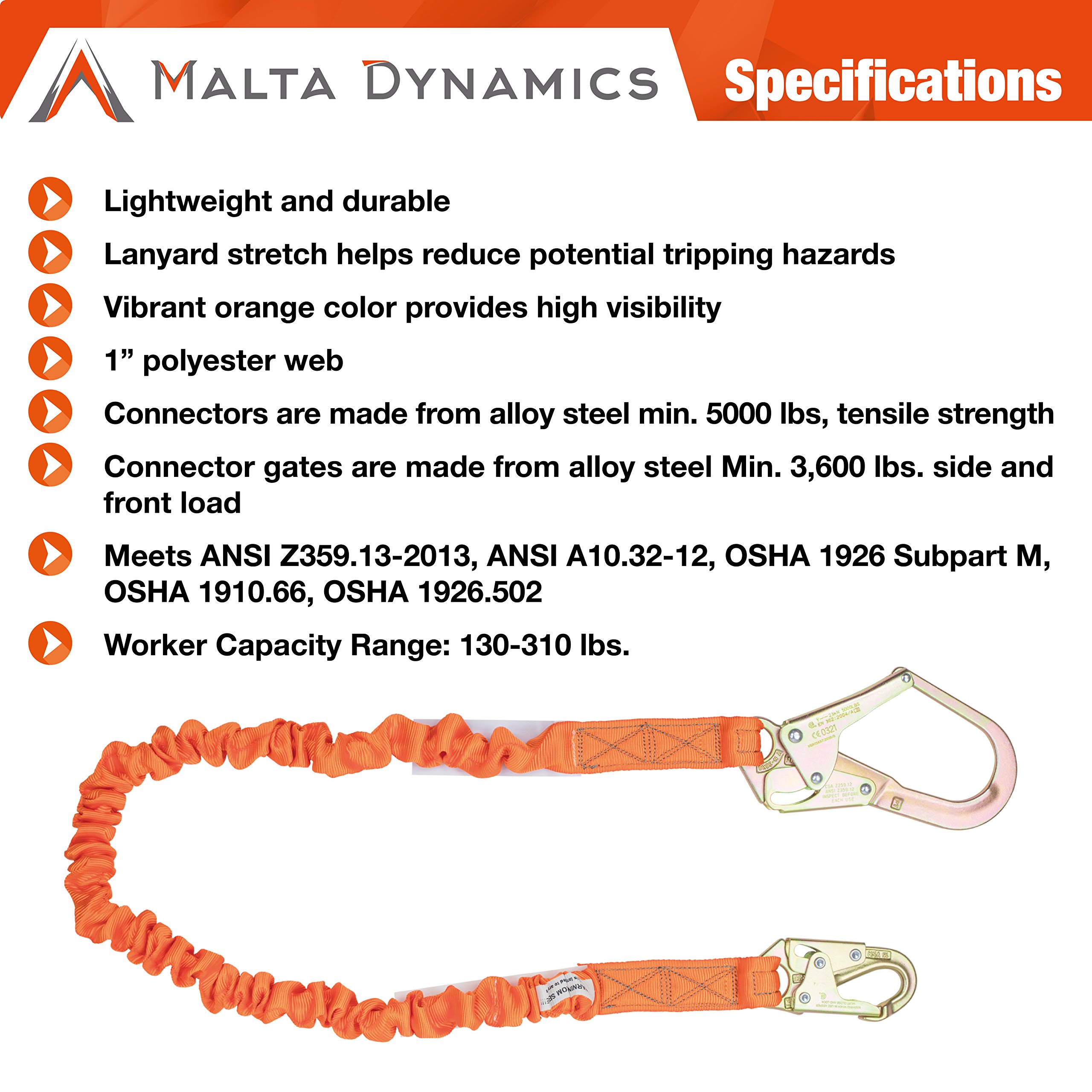 Malta Dynamics 6' Single Leg Stretch Internal Shock Absorbing Lanyard with 1 Rebar Hook and 1 Steel Snap Hook, OSHA/ANSI Compliant