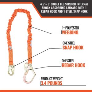 Malta Dynamics 6' Single Leg Stretch Internal Shock Absorbing Lanyard with 1 Rebar Hook and 1 Steel Snap Hook, OSHA/ANSI Compliant