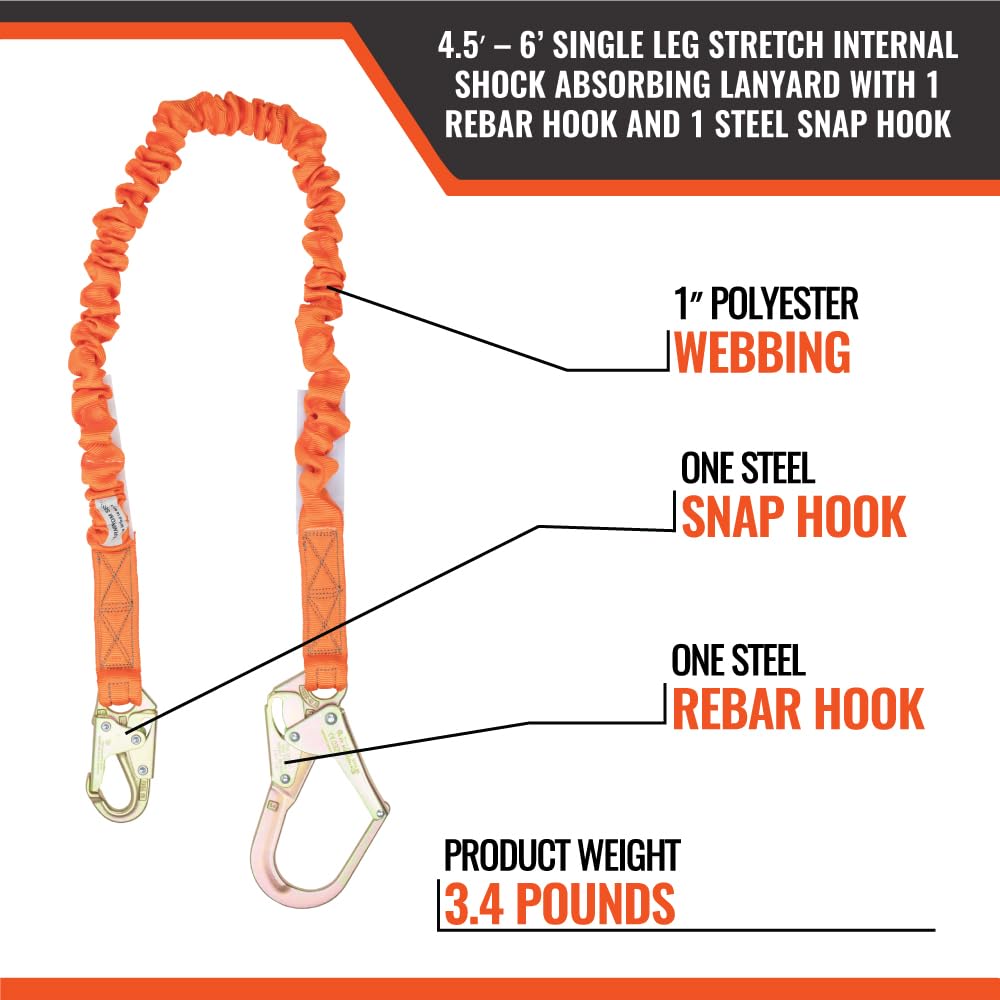 Malta Dynamics 6' Single Leg Stretch Internal Shock Absorbing Lanyard with 1 Rebar Hook and 1 Steel Snap Hook, OSHA/ANSI Compliant