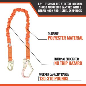 Malta Dynamics 6' Single Leg Stretch Internal Shock Absorbing Lanyard with 1 Rebar Hook and 1 Steel Snap Hook, OSHA/ANSI Compliant