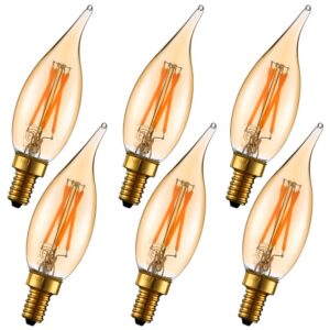 litehistory dimmable 4w 2200k amber ca10 led bulb e12 candelabra led 250lm, warm white, 40w flame tip 6pack