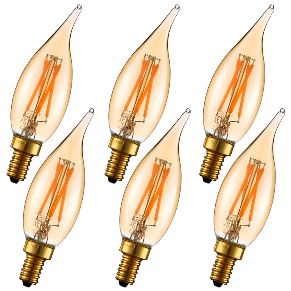 LiteHistory Dimmable 4W 2200K Amber CA10 led Bulb E12 Candelabra led 250lm, Warm White, 40W Flame tip 6Pack