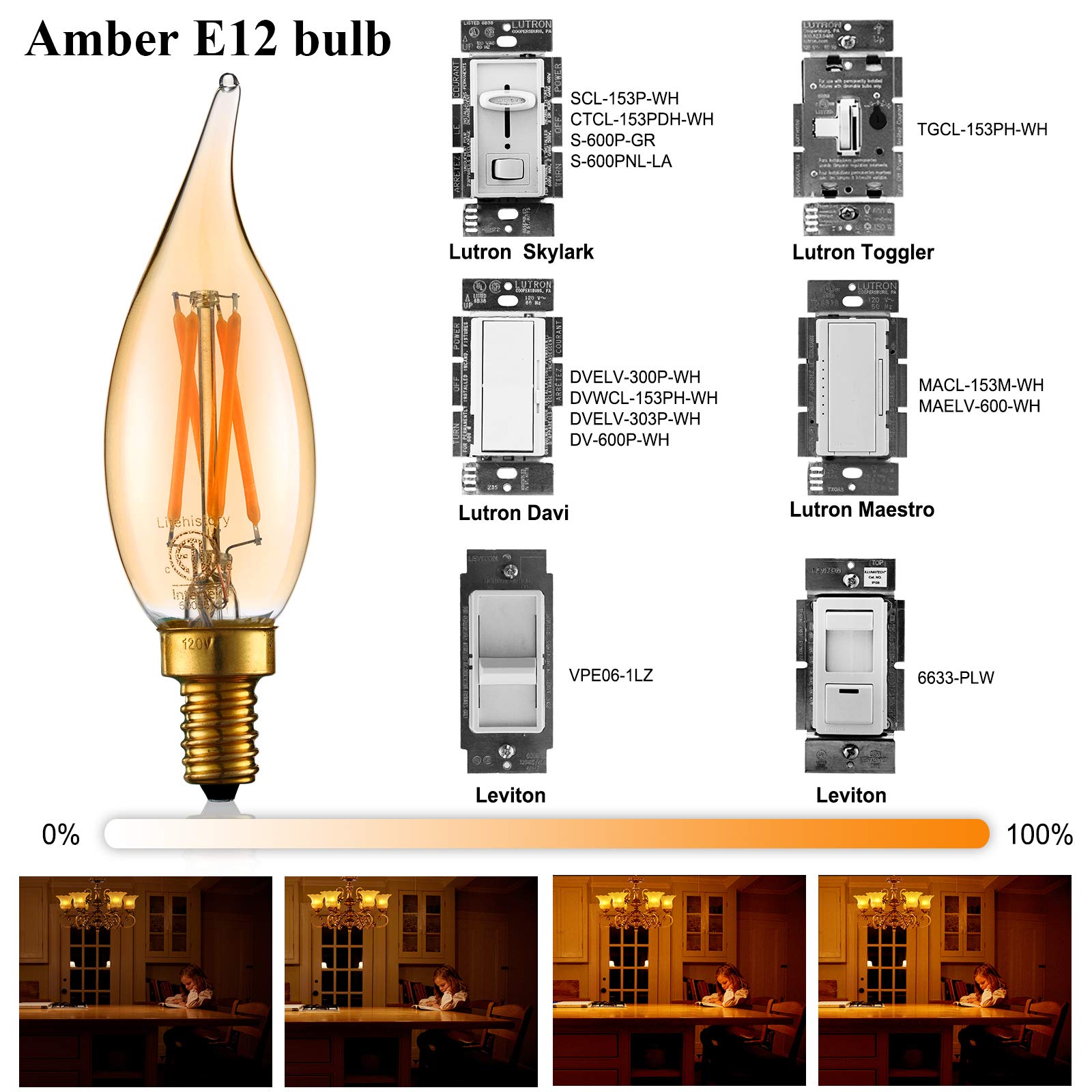 LiteHistory Dimmable 4W 2200K Amber CA10 led Bulb E12 Candelabra led 250lm, Warm White, 40W Flame tip 6Pack