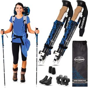 equipeak trekking poles for hiking - 2 folding walking sticks with cork & eva grip - lightweight collapsible hiking poles for backpacking gear, fast & strong locking nordic walking poles for travel