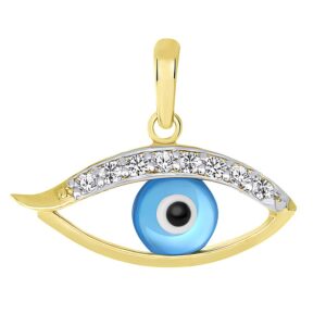 14k yellow gold dainty blue open evil eye charm pendant with cubic zirconia stones