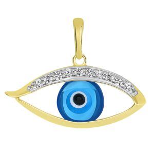 14k yellow gold elegant blue open evil eye charm pendant with cubic zirconia stones