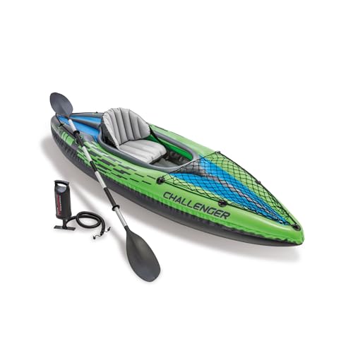 Intex Challenger K1 Kayak 1 Man Inflatable Canoe with Aluminum Oars and Hand Pump, Green/Blue