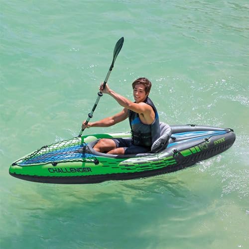 Intex Challenger K1 Kayak 1 Man Inflatable Canoe with Aluminum Oars and Hand Pump, Green/Blue