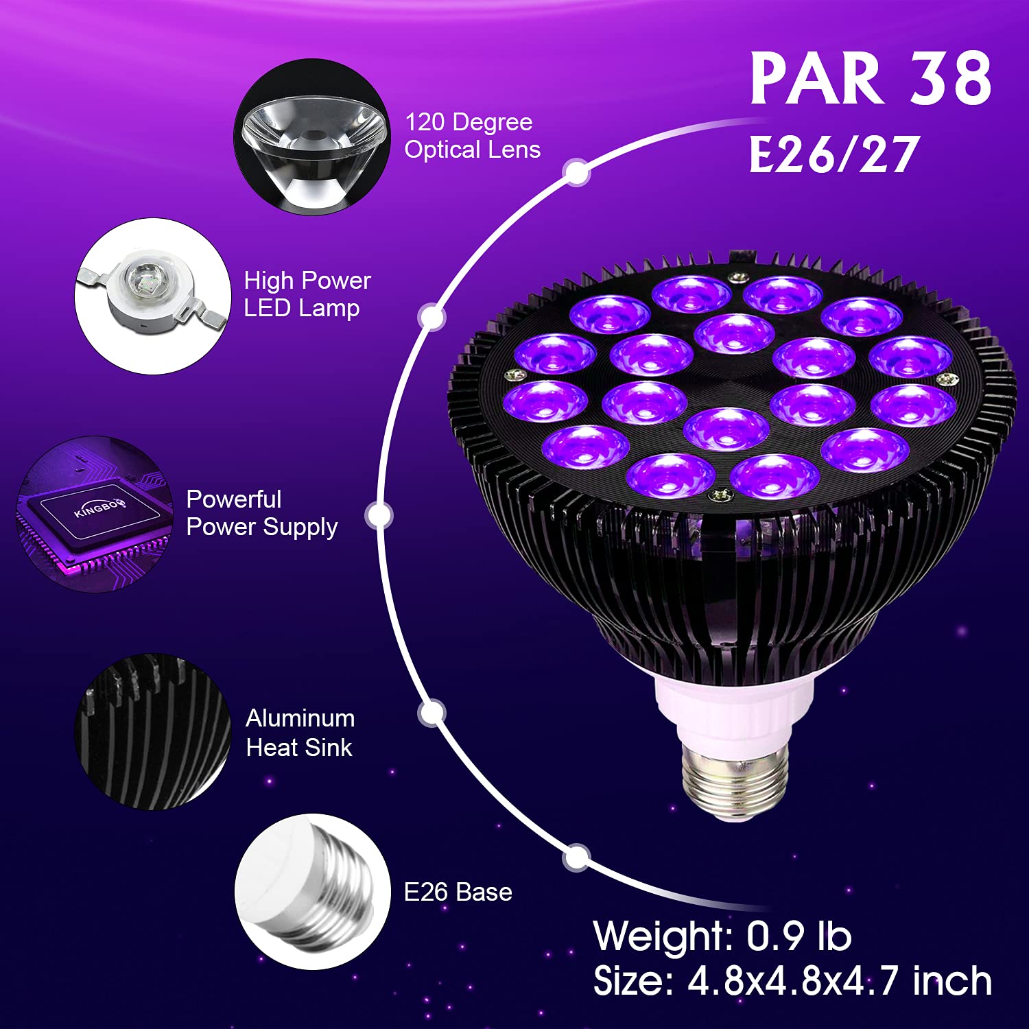 KINGBO Black Light Bulb, 36W LED Blacklight Bulbs E26 PAR38 Glow in The Dark, 395nm LEDs for Blacklight Party, Fluorescent Art, DJ Dance Party, Holiday Decorations, Acrylic Pouring Light