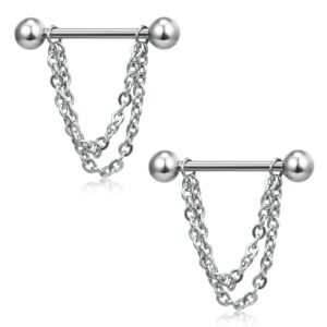 ruifan surgical steel chain dangle nipple shield rings barbell piercing jewelry 14g 5/8inch 2pcs - silver w balls