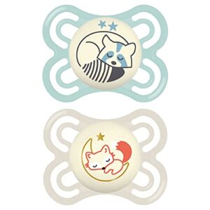 mam perfect night baby pacifier, patented nipple, glows in the dark, 0-6 months, boy, 2 count (pack of 1)