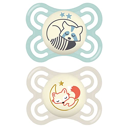 MAM Perfect Night Baby Pacifier, Patented Nipple, Glows in the Dark, 0-6 Months, Boy, 2 Count (Pack of 1)