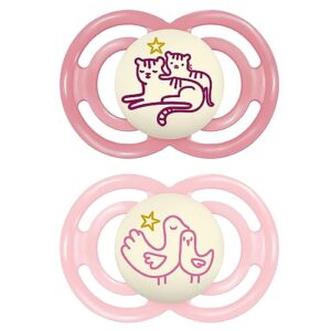 mam perfect night baby pacifier, patented nipple, glows in the dark, 6-16 months, girl, 2 count (pack of 1)