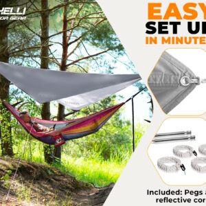 Foxelli Hammock Rain Fly - Waterproof Lightweight Tent & Hammock Rain Tarp for Camping, Backpacking w/Easy Setup Including Extra Long Guy Lines & Stakes