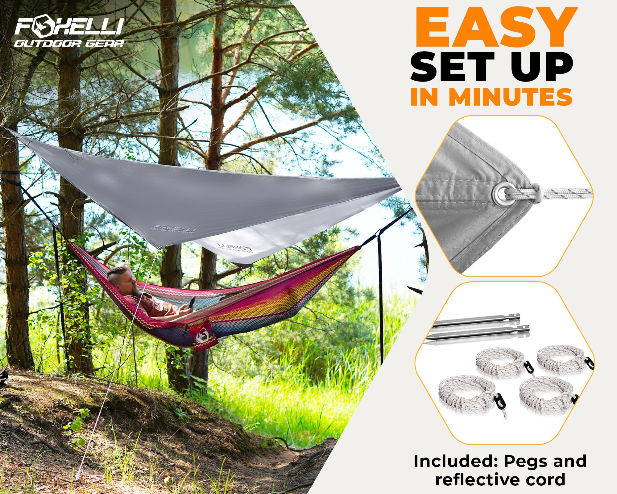 Foxelli Hammock Rain Fly - Waterproof Lightweight Tent & Hammock Rain Tarp for Camping, Backpacking w/Easy Setup Including Extra Long Guy Lines & Stakes