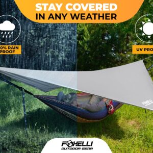 Foxelli Hammock Rain Fly - Waterproof Lightweight Tent & Hammock Rain Tarp for Camping, Backpacking w/Easy Setup Including Extra Long Guy Lines & Stakes