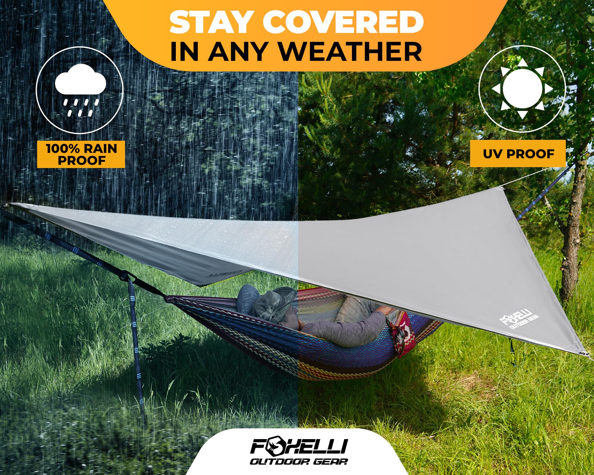 Foxelli Hammock Rain Fly - Waterproof Lightweight Tent & Hammock Rain Tarp for Camping, Backpacking w/Easy Setup Including Extra Long Guy Lines & Stakes