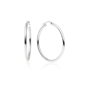 sterling silver hoop earrings, round-tube design, shiny polish finish with click-top closure, tarnish and nickel free, 35mm diameter