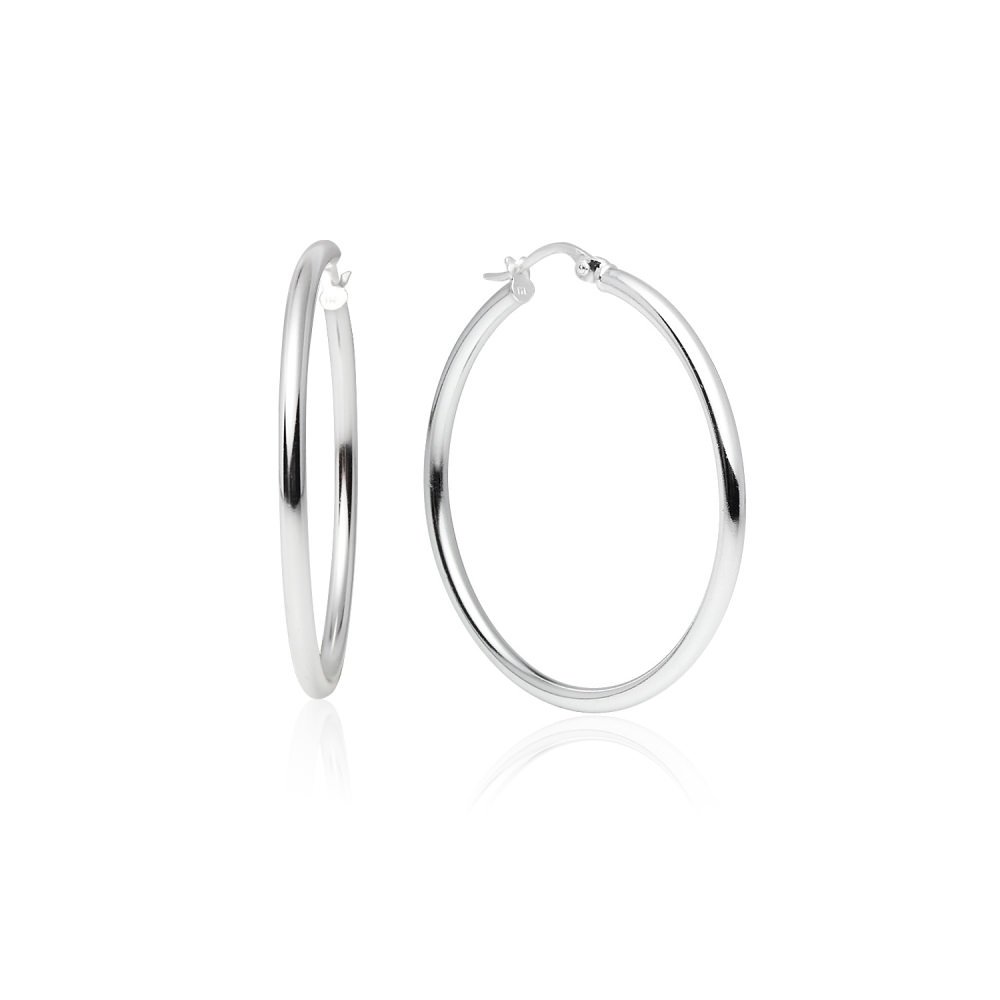 Sterling Silver Hoop Earrings, Round-tube Design, Shiny Polish Finish with Click-Top Closure, Tarnish and Nickel Free, 35mm Diameter