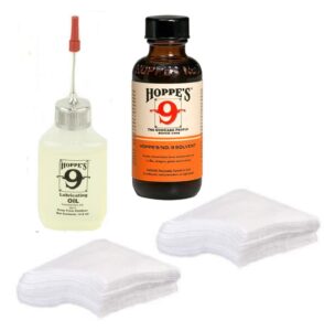 hoppes 9 gun bore cleaner, precision oil, cotton patches for 9mm.357.38.40.45 caliber gun cleaning kit