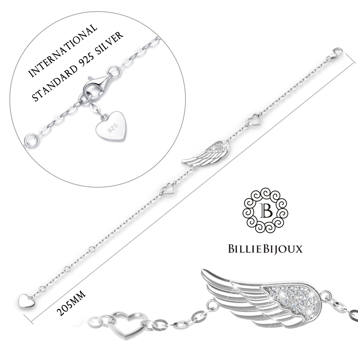 Billie Bijoux 925 Sterling Silver Women Angel Wing Adjustable Chain Bracelet Diamond White Gold Plated Bracelet Women Gift for Women Valentine's Day (Style 1)