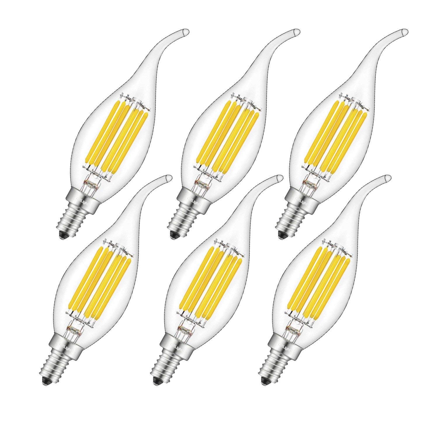 CRLight 6W 3200K LED Candelabra Bulb Soft White 700LM Dimmable, 70W Equivalent E12 Base LED Candle Bulbs, C35 Clear Glass Flame Shape Bent Tip, 360 Degrees Beam Angle, Pack of 6