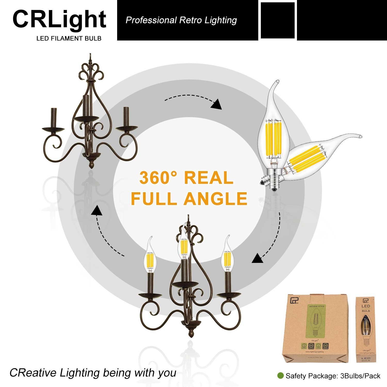 CRLight 6W 3200K LED Candelabra Bulb Soft White 700LM Dimmable, 70W Equivalent E12 Base LED Candle Bulbs, C35 Clear Glass Flame Shape Bent Tip, 360 Degrees Beam Angle, Pack of 6