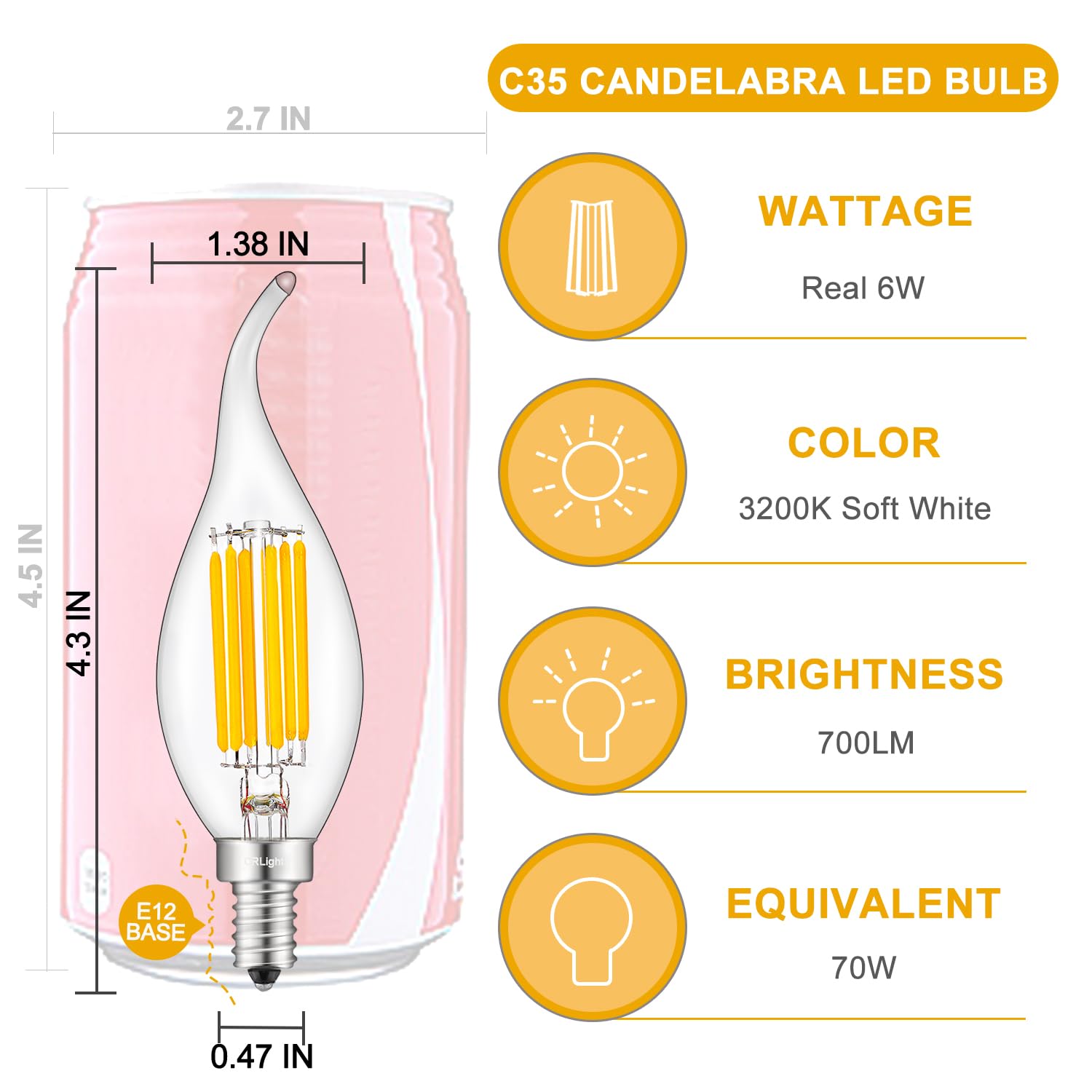 CRLight 6W 3200K LED Candelabra Bulb Soft White 700LM Dimmable, 70W Equivalent E12 Base LED Candle Bulbs, C35 Clear Glass Flame Shape Bent Tip, 360 Degrees Beam Angle, Pack of 6