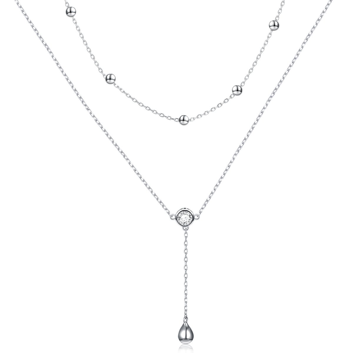 Teardrop Double Layered Necklace Sterling Silver Long Chain Y Lariat Necklace for Women Lady