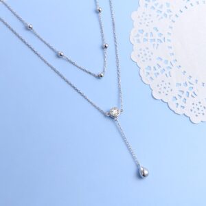 Teardrop Double Layered Necklace Sterling Silver Long Chain Y Lariat Necklace for Women Lady