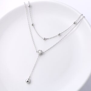 Teardrop Double Layered Necklace Sterling Silver Long Chain Y Lariat Necklace for Women Lady