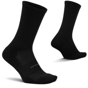 feetures high performance cushion classic crew sock for women & men - moisture-wicking athletic socks - black, l (1 pair)