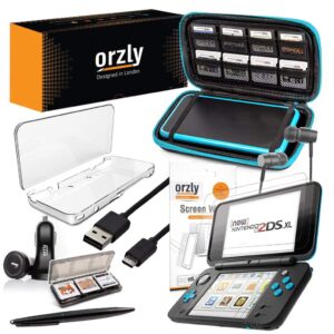 2dsxl accessories, orzly ultimate starter pack for new nintendo 2ds xl (bundle includes: car charger / usb charging cable / console case / cartridge cases & more... (see full description for details)