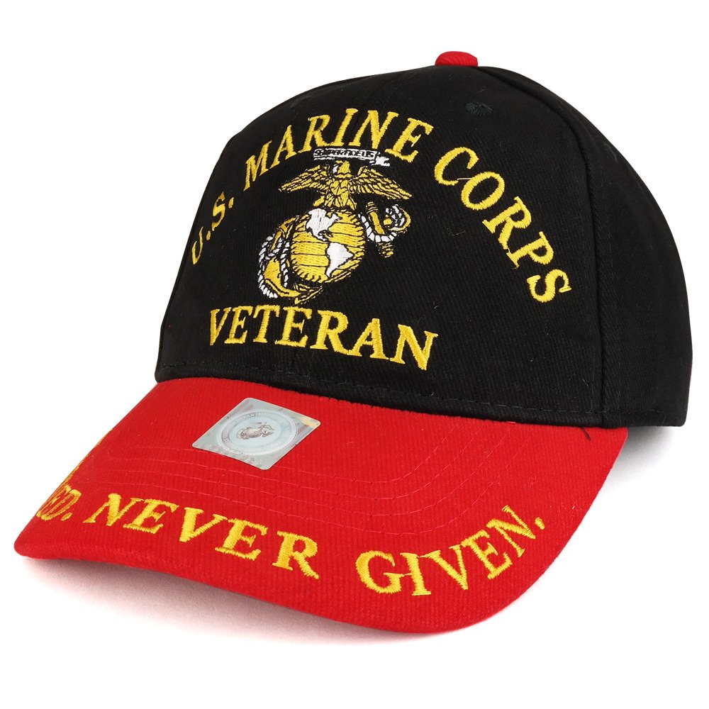 Armycrew Officially Licensed US Marine Corps Veteran Embroidered Cotton Baseball Cap - Black RED