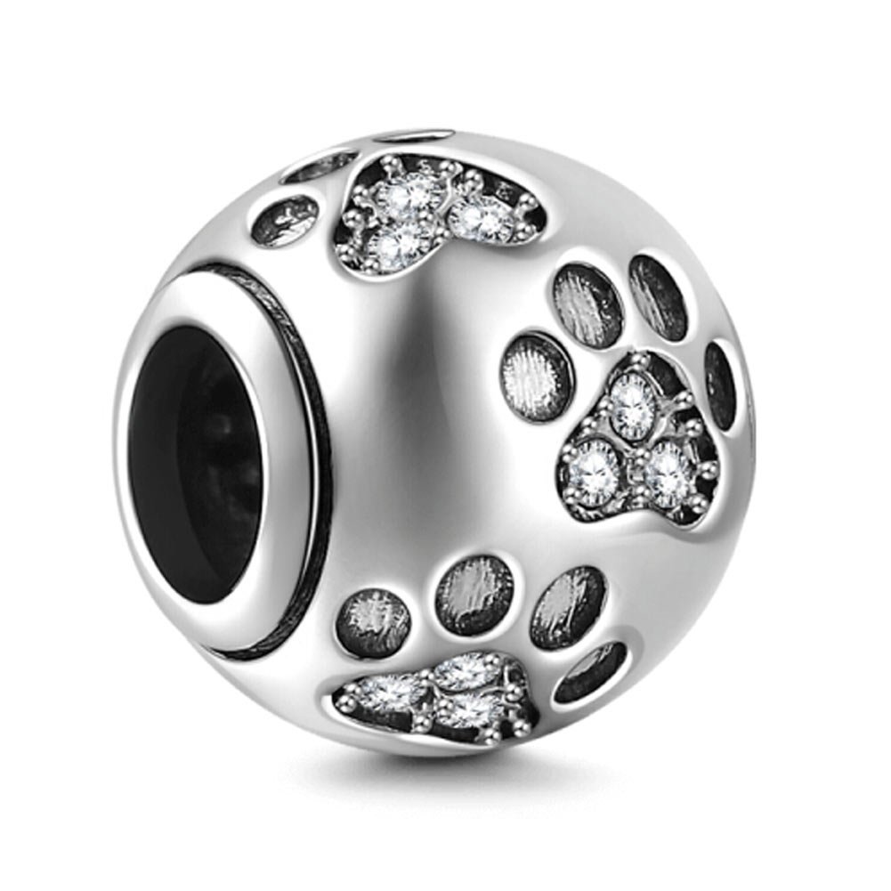 Dog Paw Print Charms 925 Sterling Silver Animal Birthstone Crystal Charms for Pandora 3mm Snake Chain Bracelets (Clear)