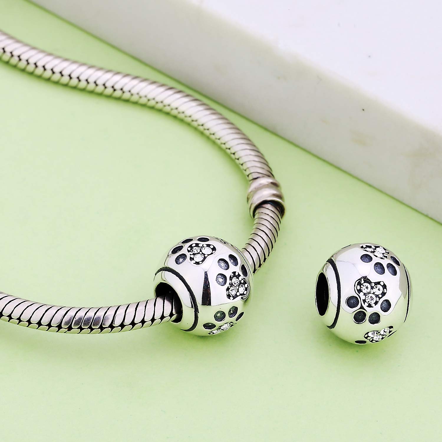 Dog Paw Print Charms 925 Sterling Silver Animal Birthstone Crystal Charms for Pandora 3mm Snake Chain Bracelets (Clear)